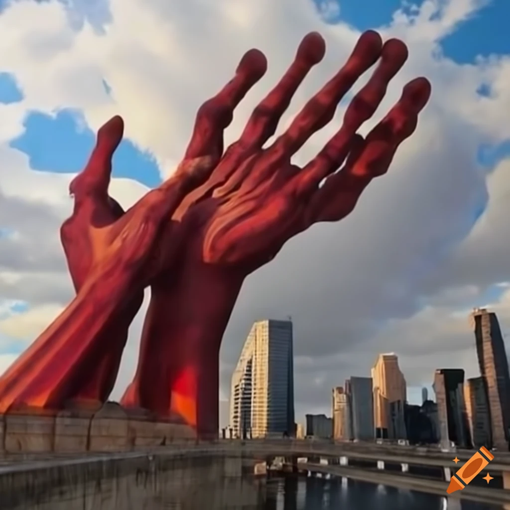 Impressive sculpture of giant hands gripping a bridge