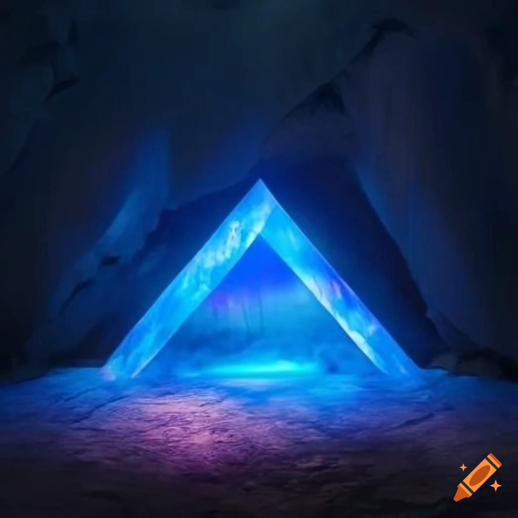 Photo of a wooden triangle and a shimmering blue portal in a cave on Craiyon