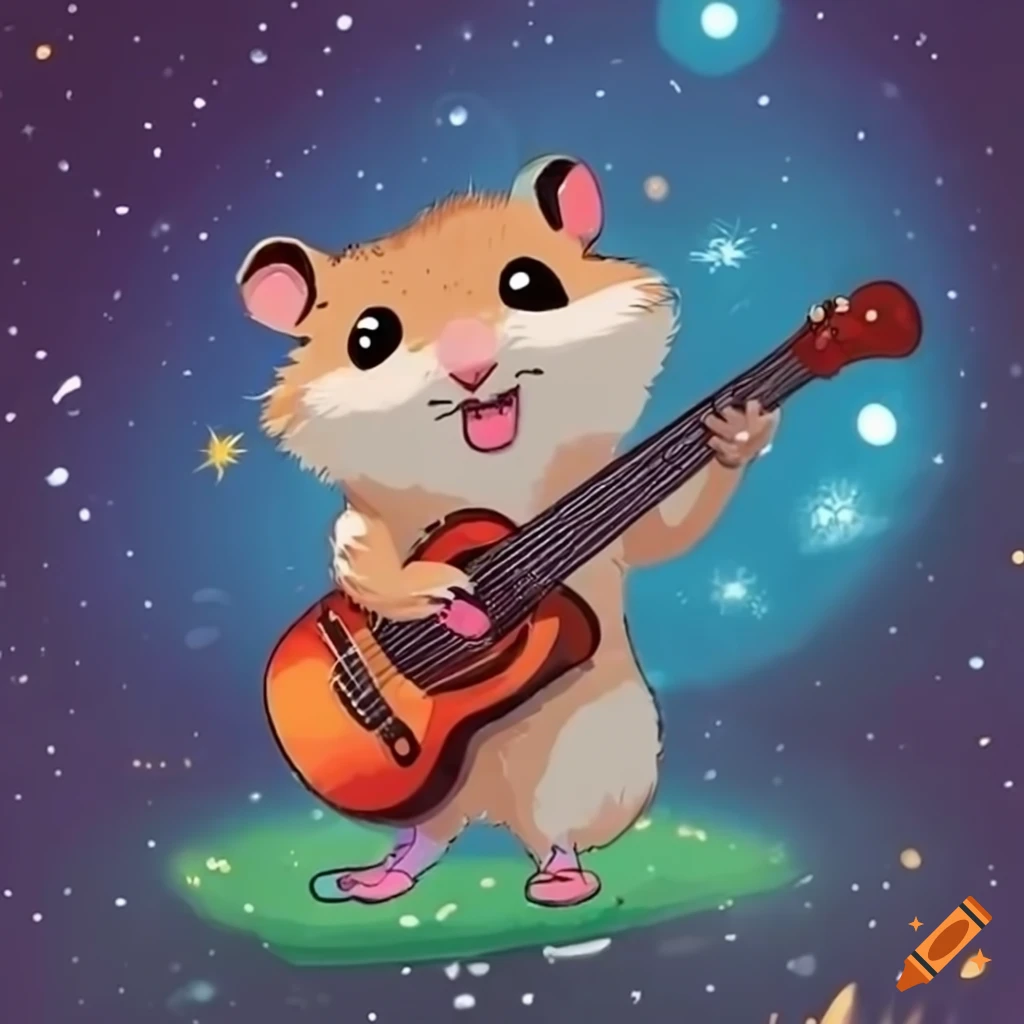 Artistic illustration of a hamster playing guitar under the stars on ...