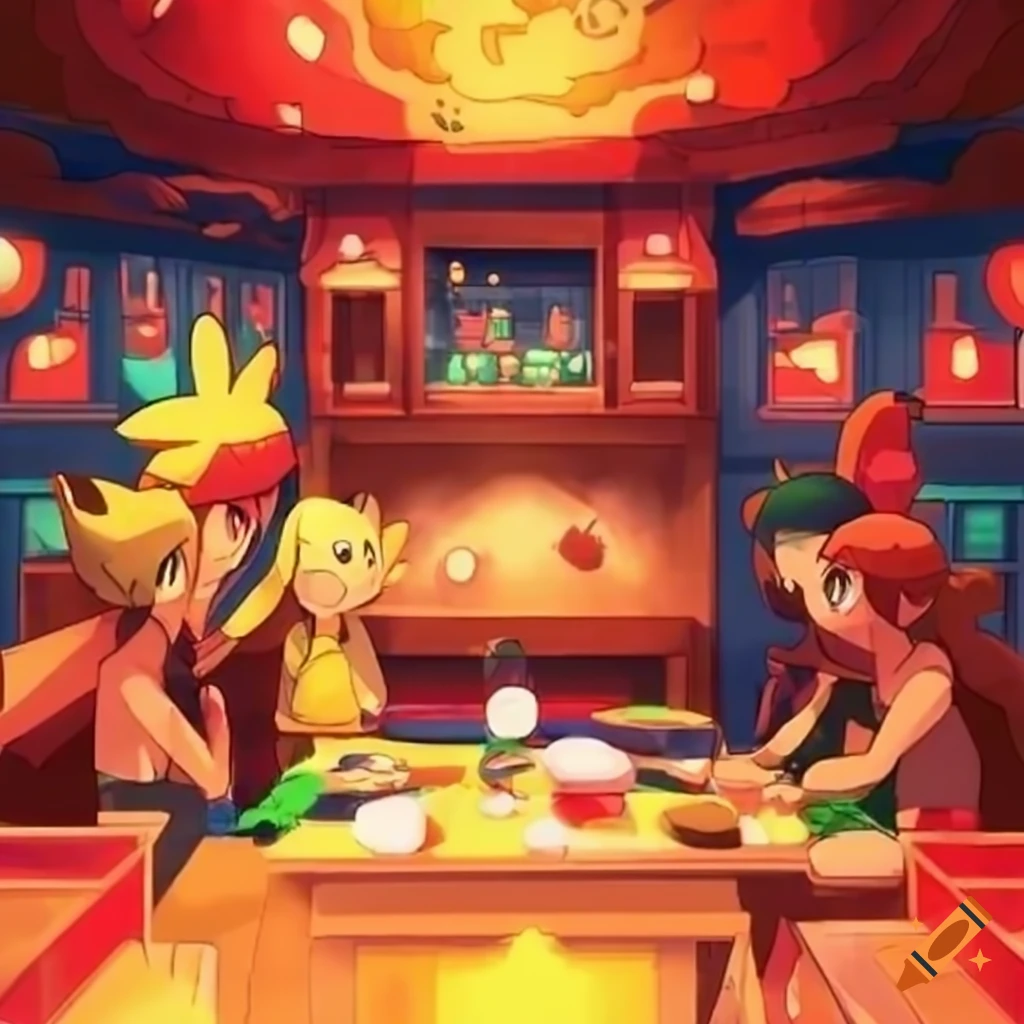 Pokemon-themed restaurant bustling with customers on Craiyon