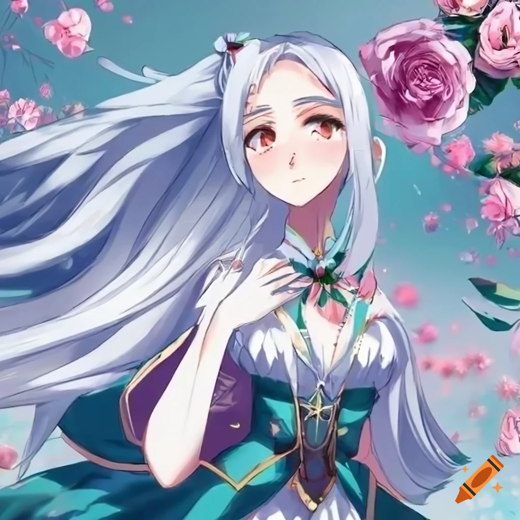 Anime girl in a beautiful rose garden on Craiyon