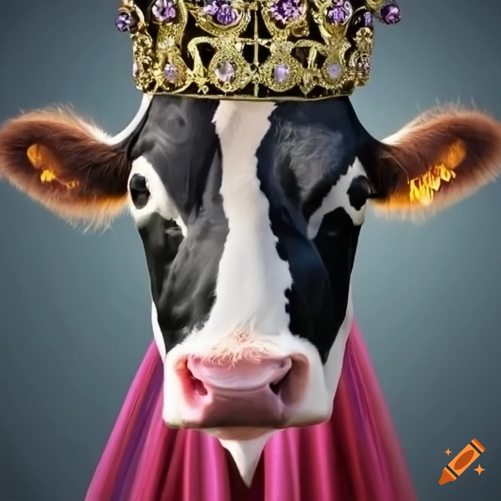 Funny cow wearing crown jewels and formal dress on Craiyon