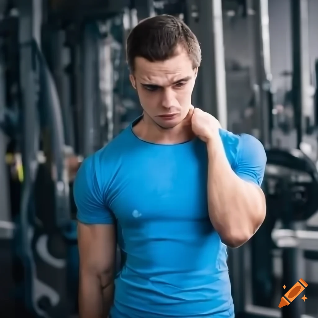 Man in a blue shirt with a sad expression in a gym on Craiyon