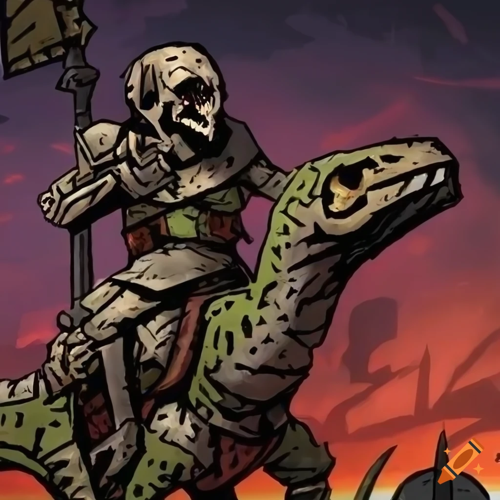 Fantasy artwork of a skeleton knight riding a raptor dinosaur on Craiyon