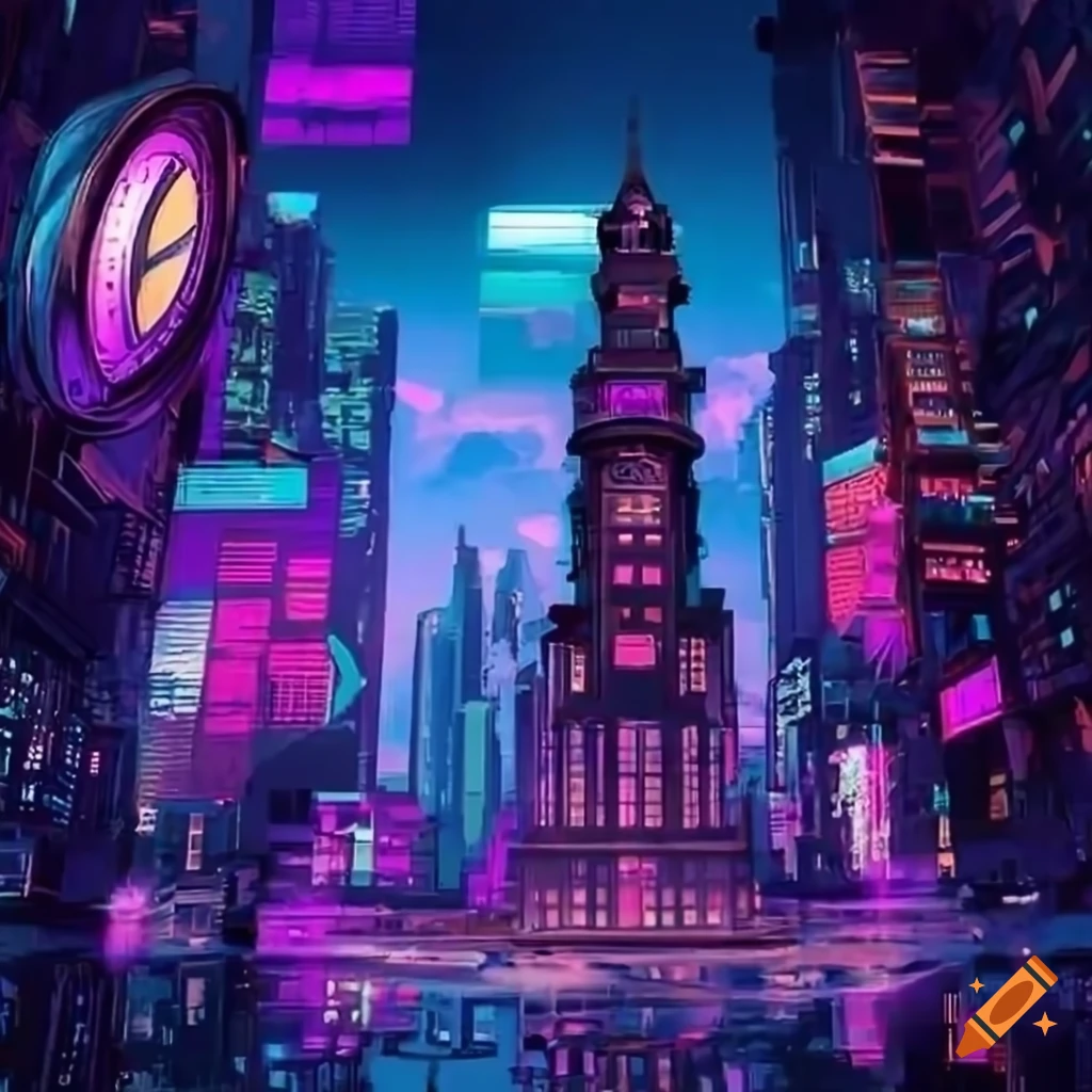 Vibrant cyberpunk cityscape with a futuristic clock tower on Craiyon