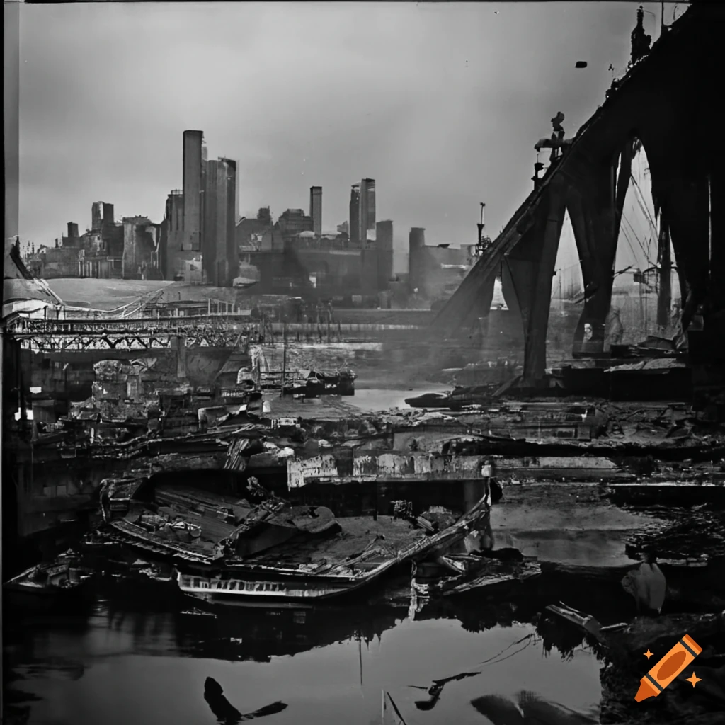 Post-apocalyptic ruins of Sydney Harbour on Craiyon