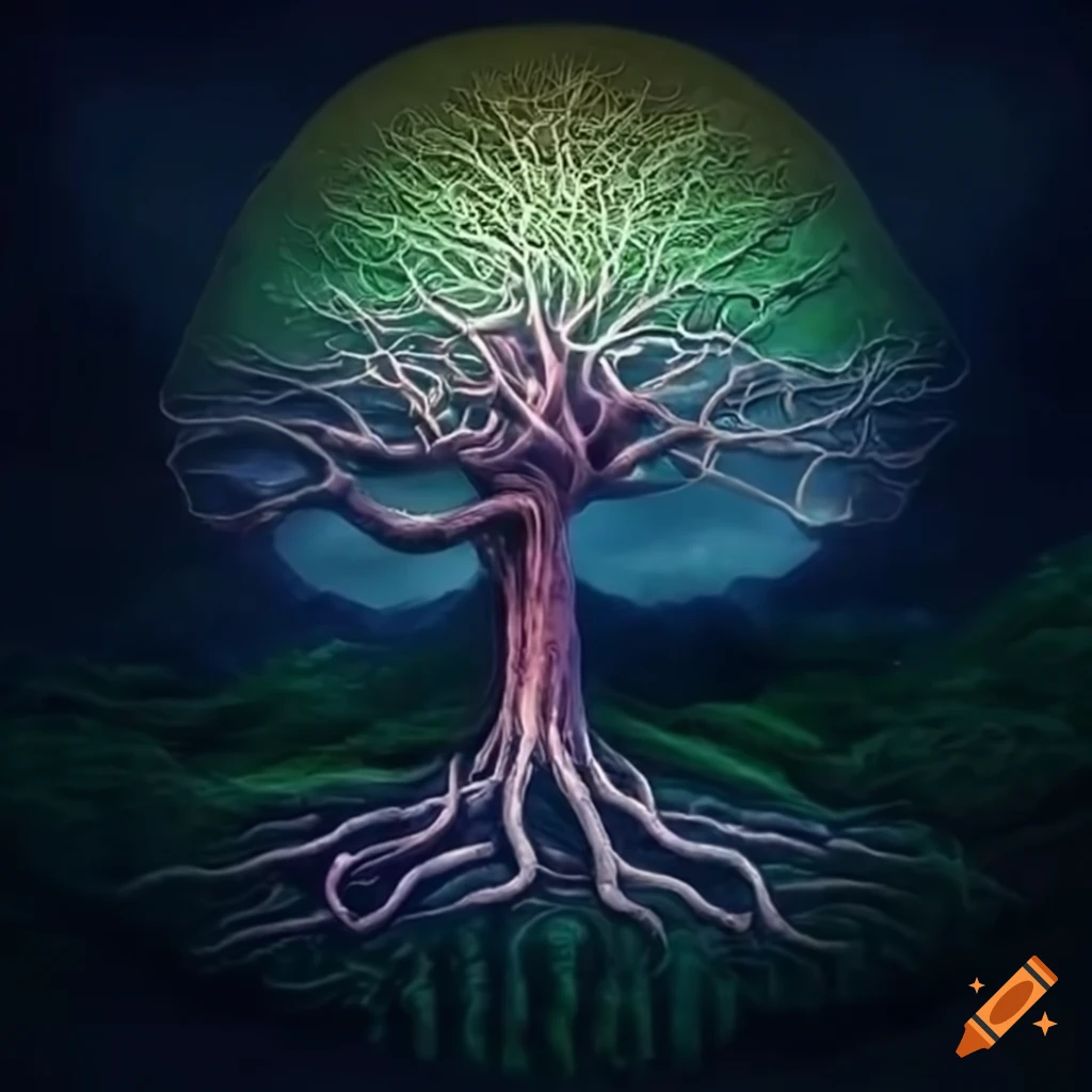 Photo-realistic celestial blossom oak tree with glowing silver and gold ...
