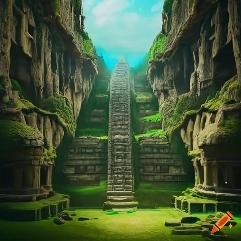 Image of a giant mayan stone temple in a marshy valley