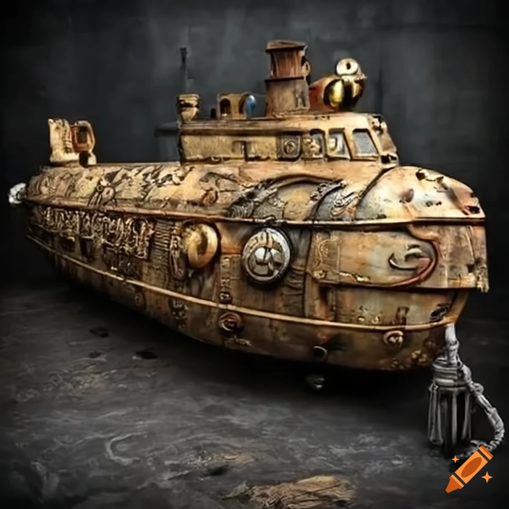 Steampunk submarine adorned with Mayan hieroglyphs on Craiyon