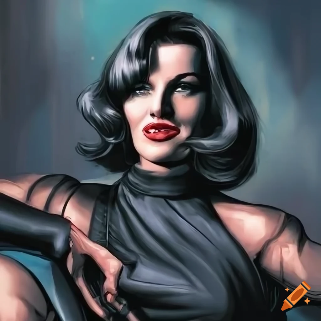 Comic book art of a muscular woman in a black leather coat on Craiyon