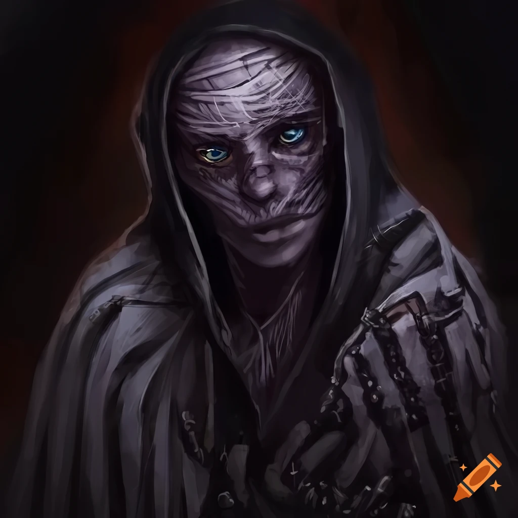 Detailed DND art of a robed man with mechanical arms on Craiyon