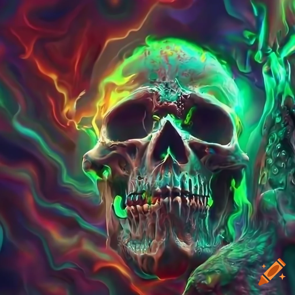 Hyper-realistic nightmare skull in a psychedelic storm on Craiyon