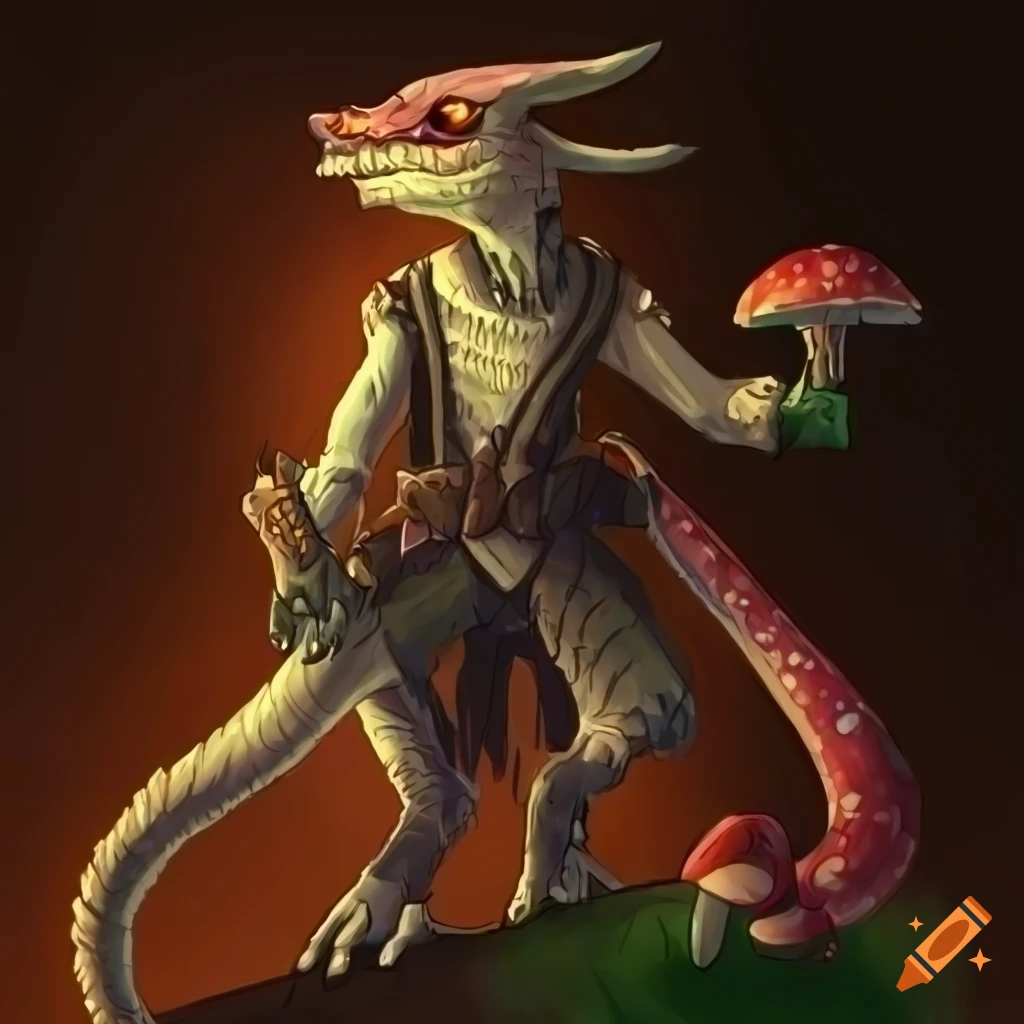 Illustration of a kobold surrounded by mushrooms on Craiyon