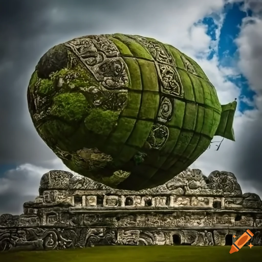 Mayan airship covered in moss and hieroglyphs on Craiyon