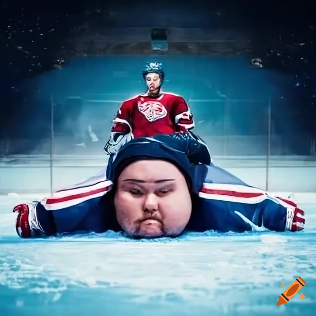 Humorous image of a large man on ice in front of a hockey goal on Craiyon