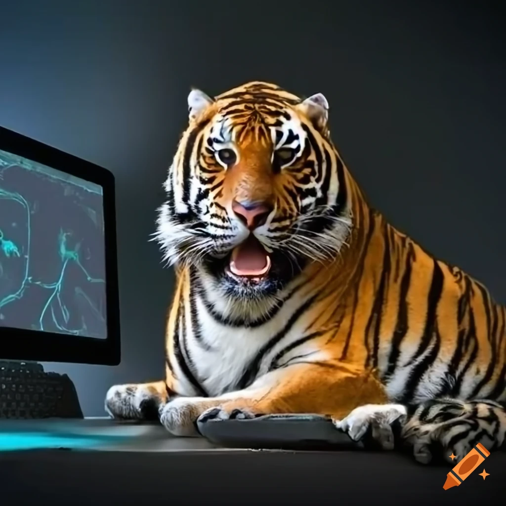 Tiger programmer in glasses working on a computer on Craiyon