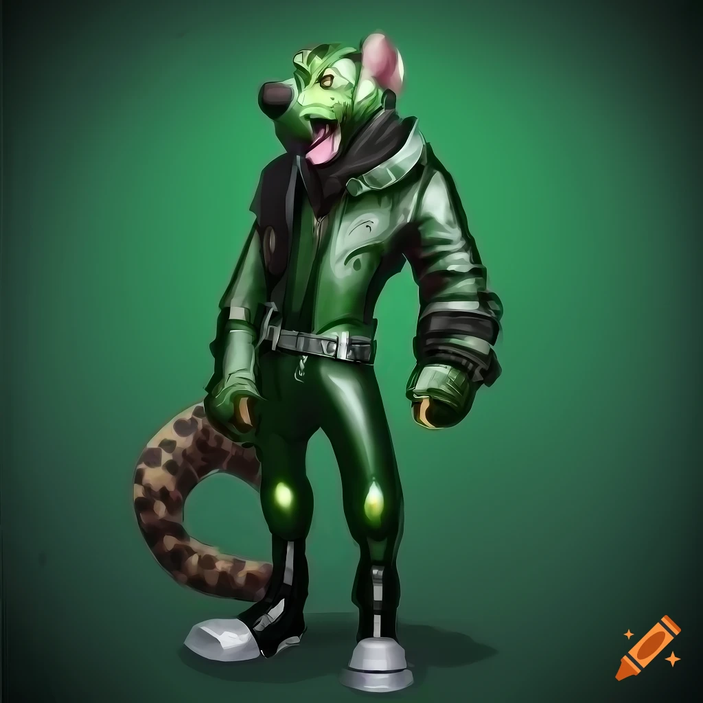 Anthro hyena character in a gas mask and latex outfit on Craiyon
