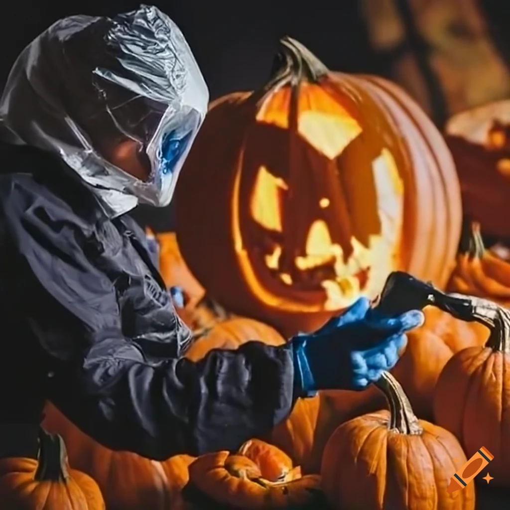 Police forensic team examining a pumpkin crime scene on Craiyon