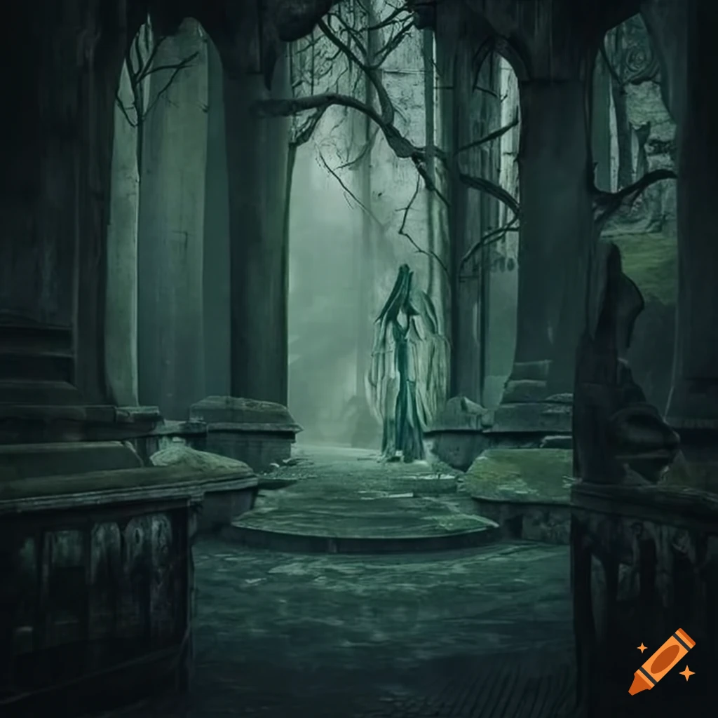 Image of an abandoned elven castle entrance with eerie statues on Craiyon