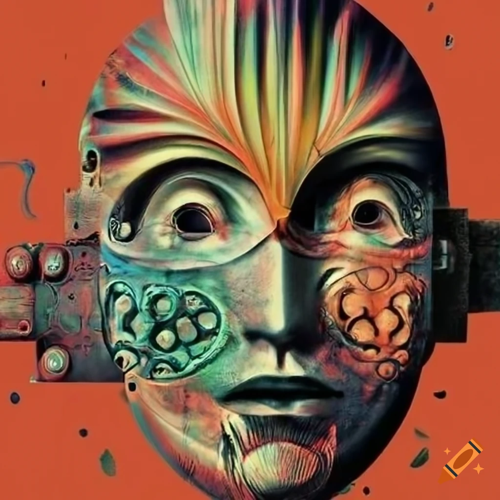 Complex machine mask in a max ernst collage style on Craiyon