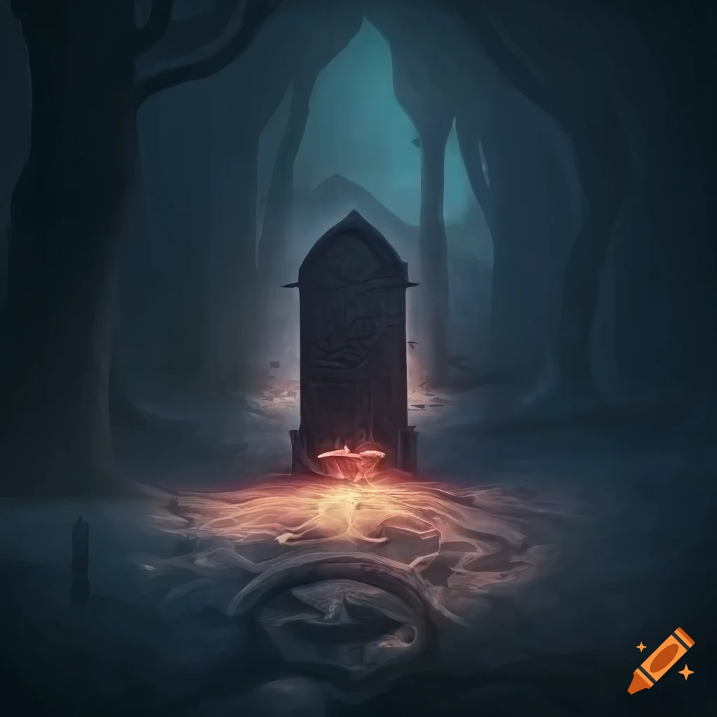 Fantasy artwork of a Viking tombstone in a graveyard on Craiyon