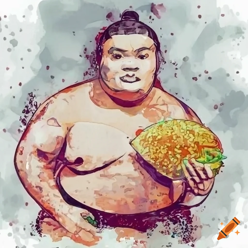 Sketch of a sumo wrestler holding a taco on Craiyon