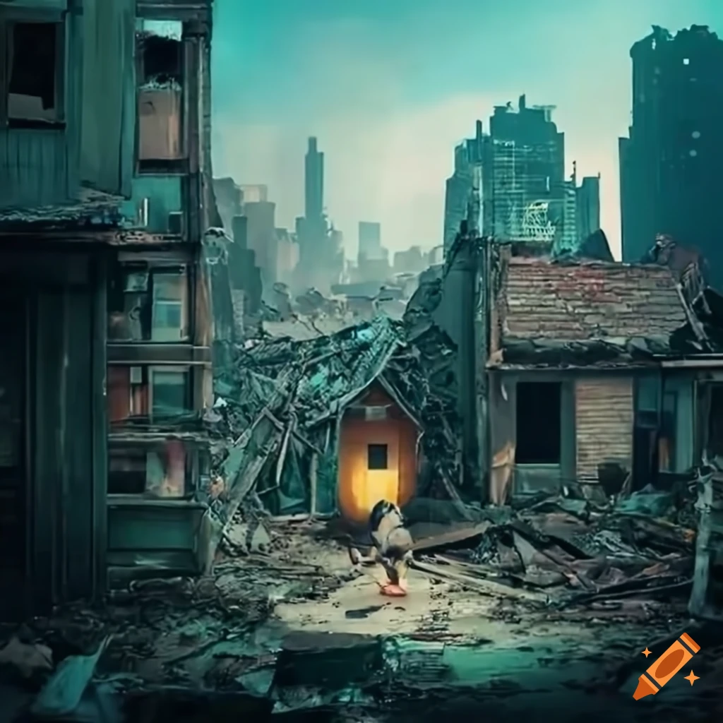 Image of a lonely house in a post-apocalyptic city with a dog on the porch on Craiyon