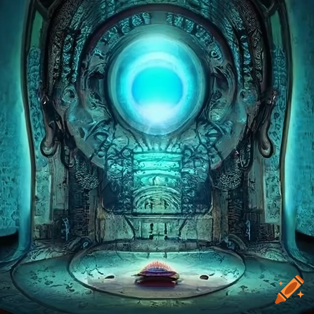 Digital artwork of a futuristic portal in a cavern with ancient symbols ...
