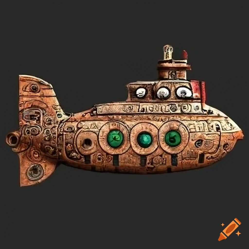 Steampunk submarine adorned with Mayan hieroglyphs on Craiyon