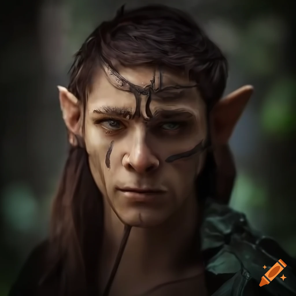 Image of a rugged half-elf with a greatsword in the woods