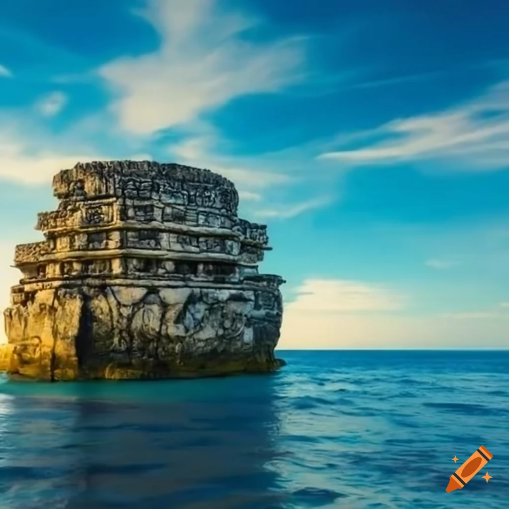 Cliff by the sea with Mayan sculptures on Craiyon
