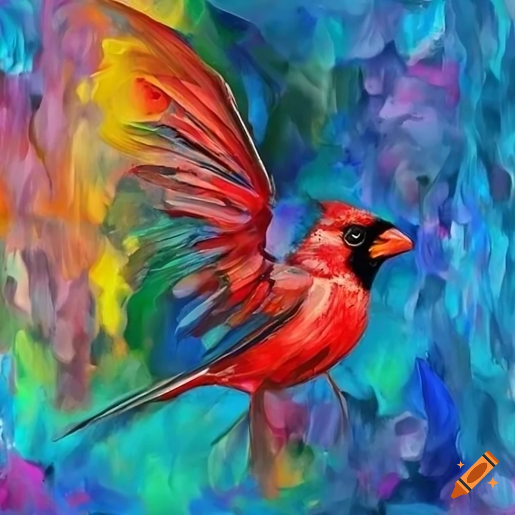 Colorful abstract knife painting of a northern cardinal on a branch on ...