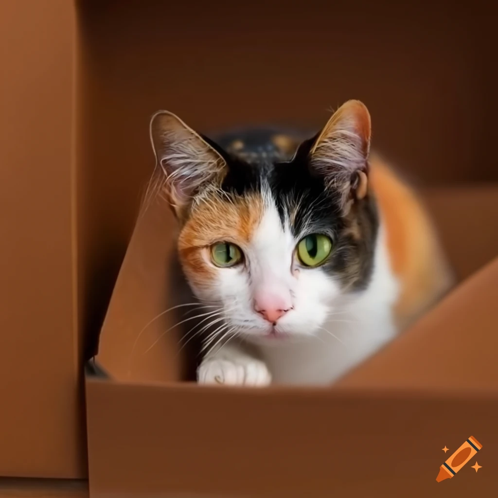 Realistic art of a calico cat in a box