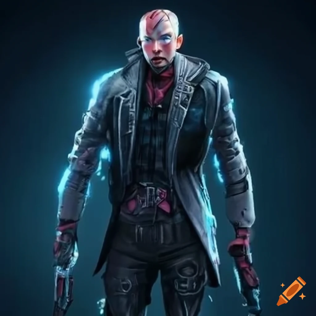 Cyberpunk man in tailored suit with cyberware tattoos and scars on Craiyon
