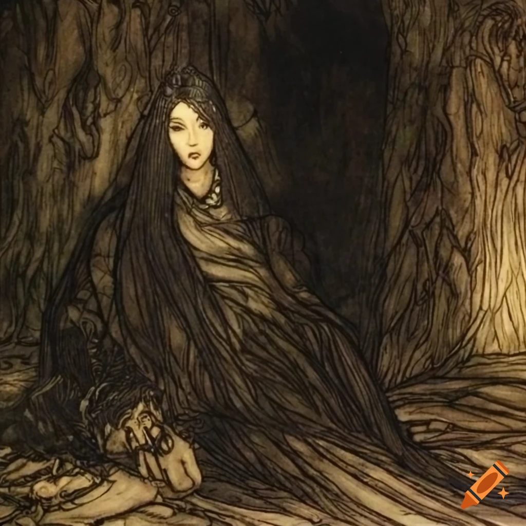 Combine an arthur rackham vibrant color painting of mysterious mystics ...