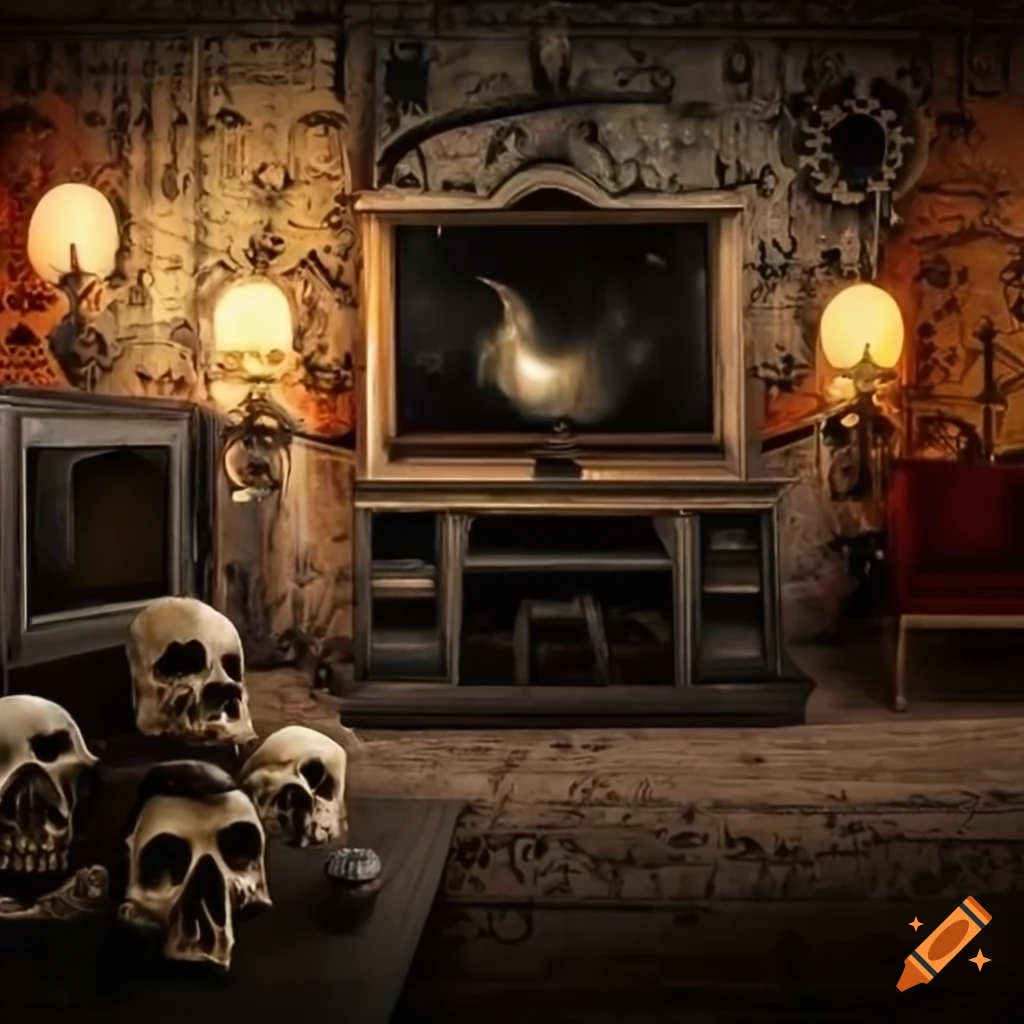 Surrealist steampunk living room with skull decorations on Craiyon