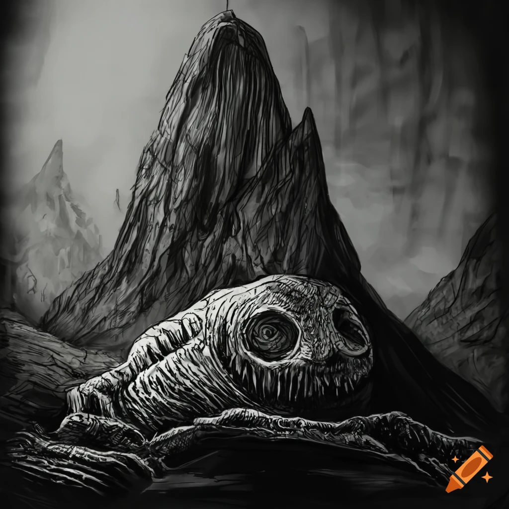 Monochrome sketch of a giant skeleton over a mountain on Craiyon