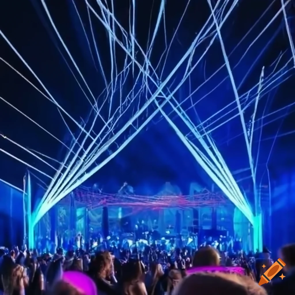 Festival scene with blue laser beams on Craiyon