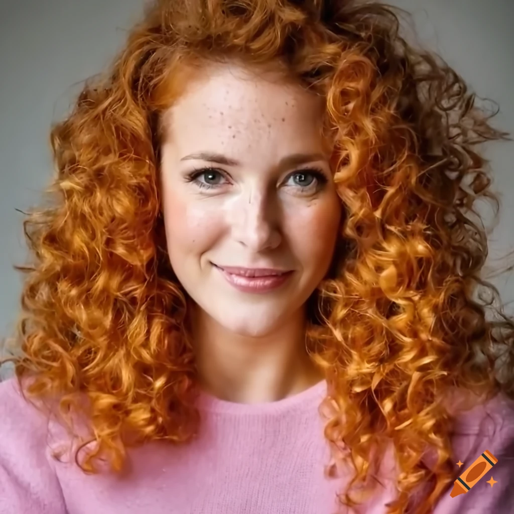 Close-up portrait of a woman with freckles and curly orange hair on Craiyon