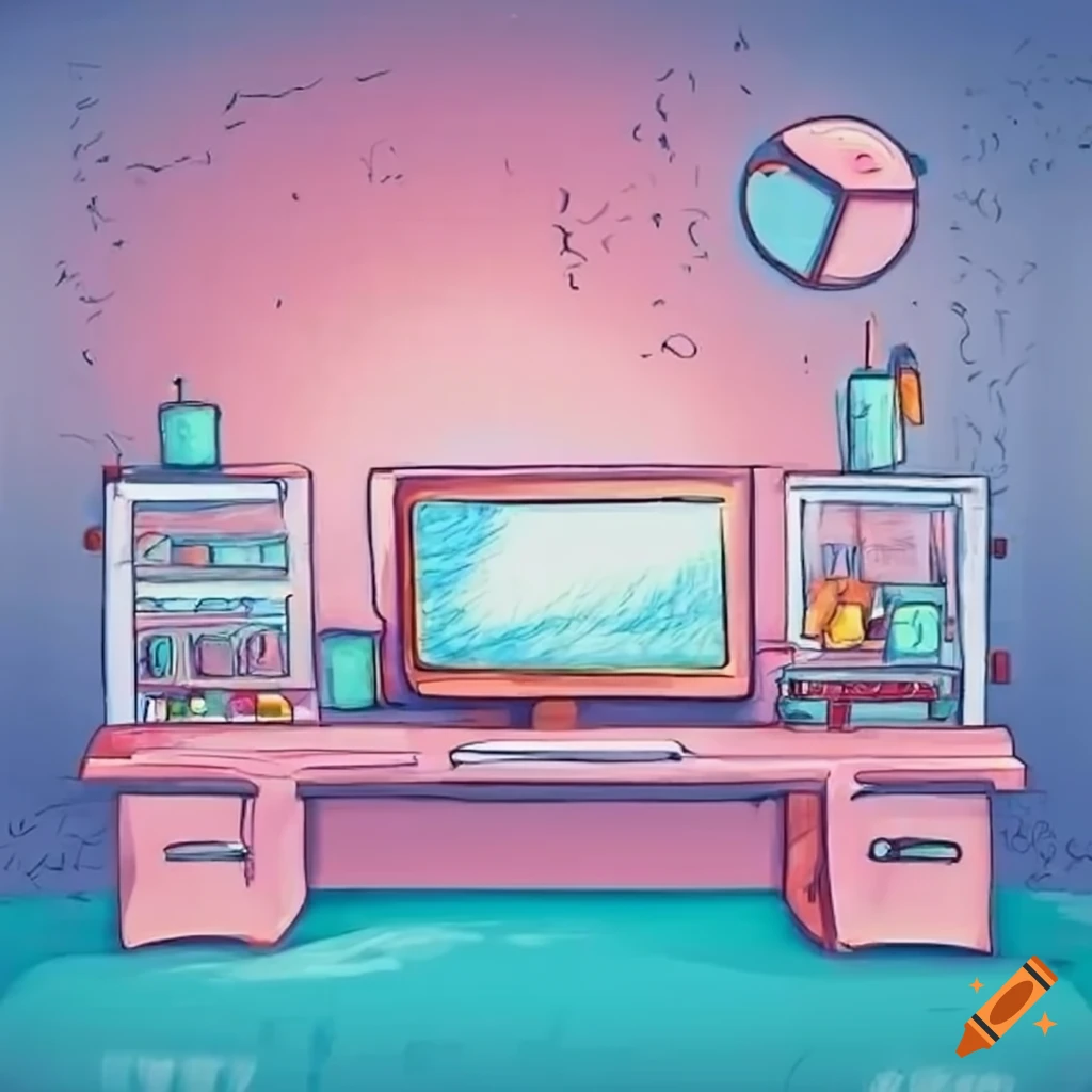 Cartoonish scientific creative room with machines and computers on Craiyon