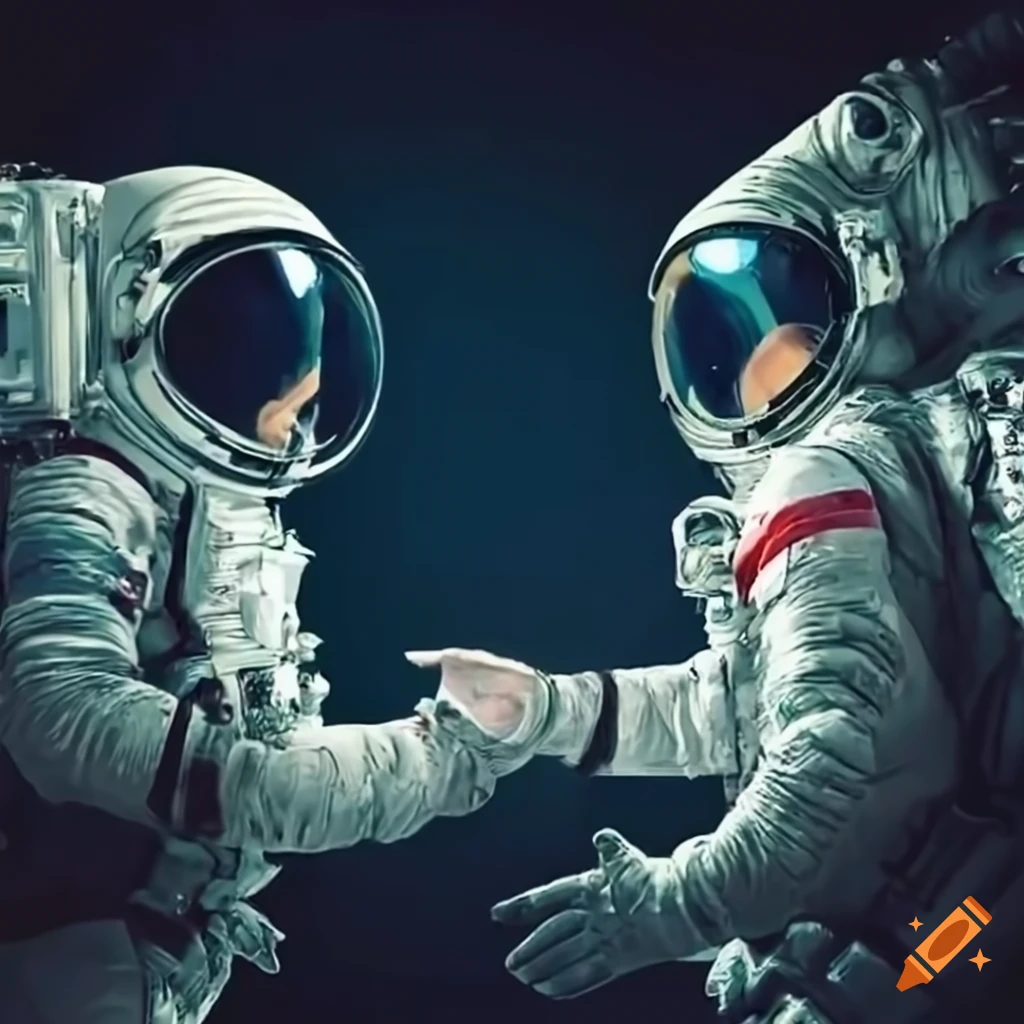 Astronauts shaking hands in space