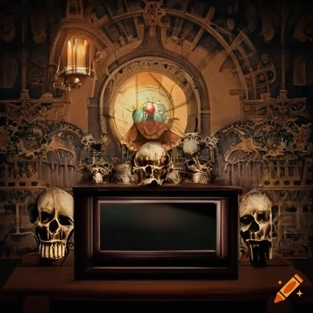 Surrealist steampunk living room with skull decor on Craiyon