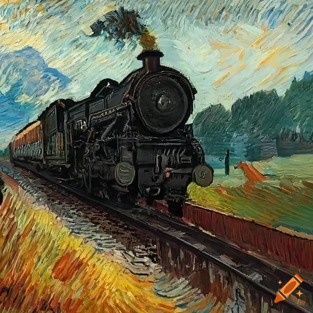 Van gogh painting of a vintage locomotive on a viaduct on Craiyon