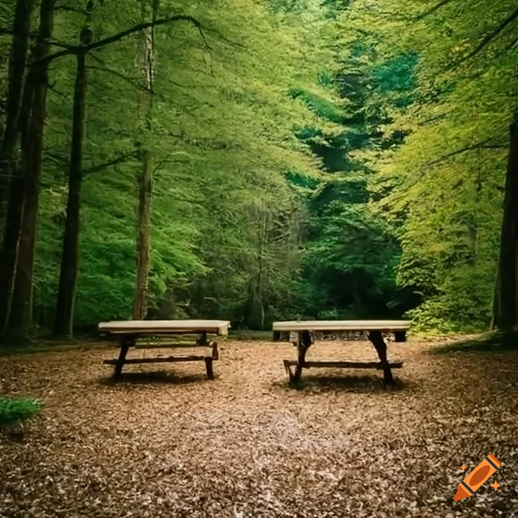 Detailed image of a picnic table in a forest clearing on Craiyon