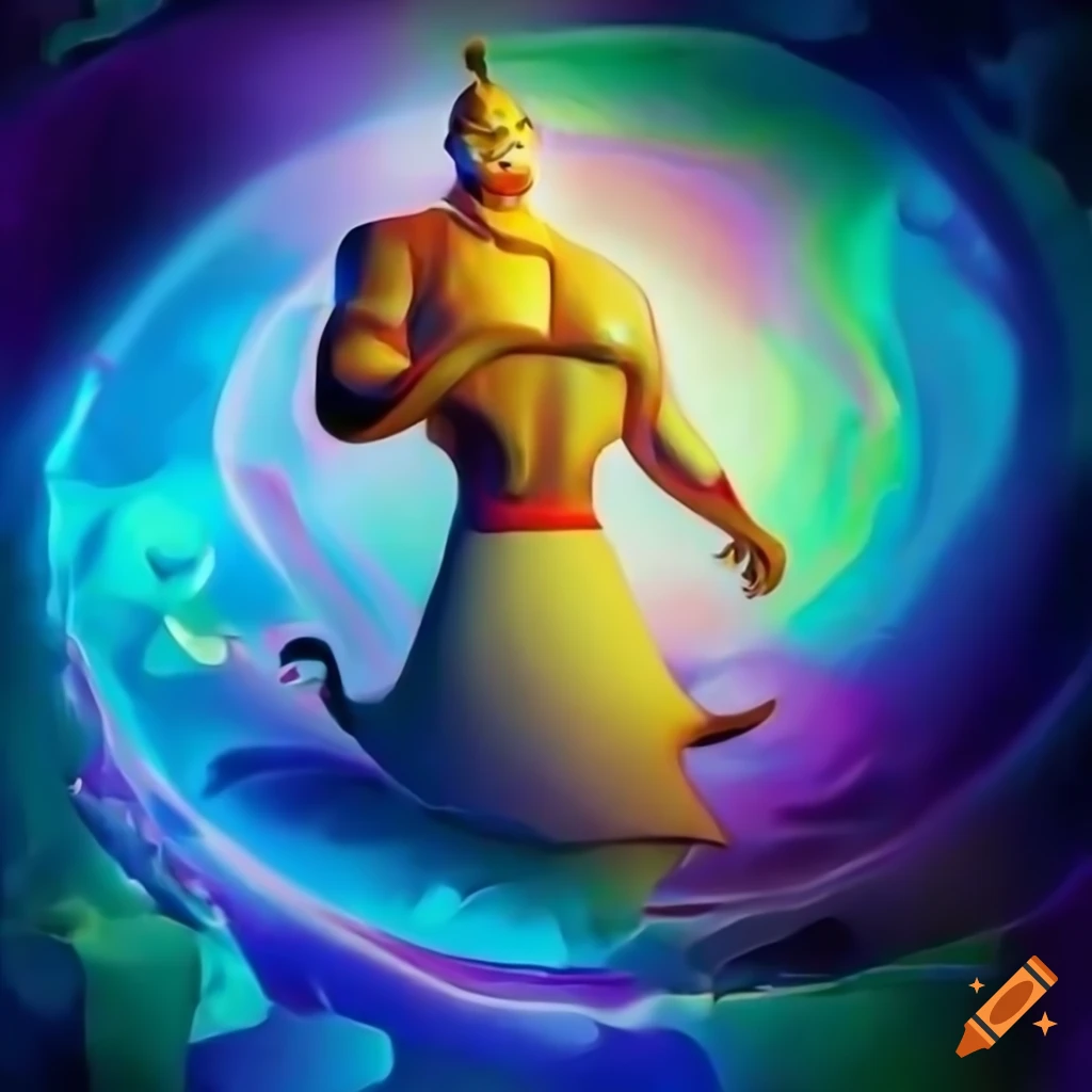 Illustration of a magical ai genie pointing into the future