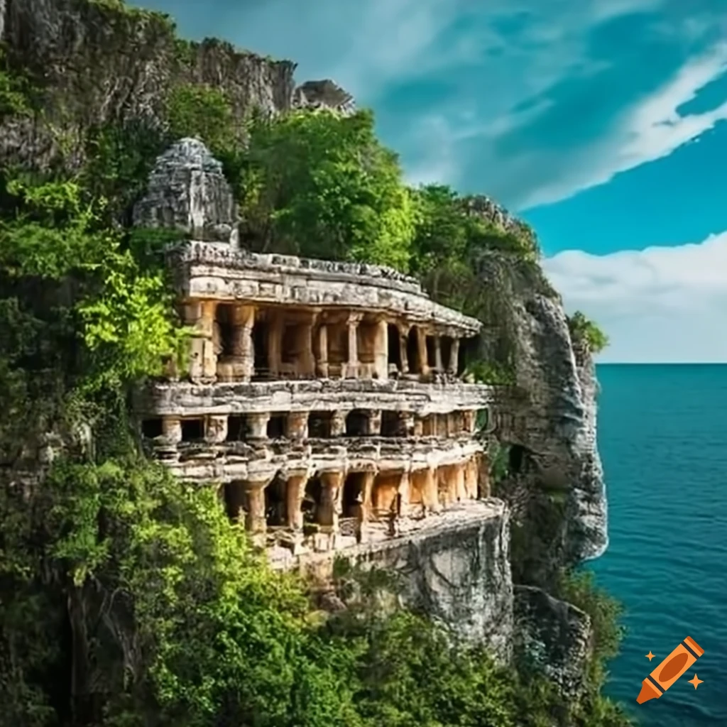 Mayan-style garden built into a cliff on Craiyon