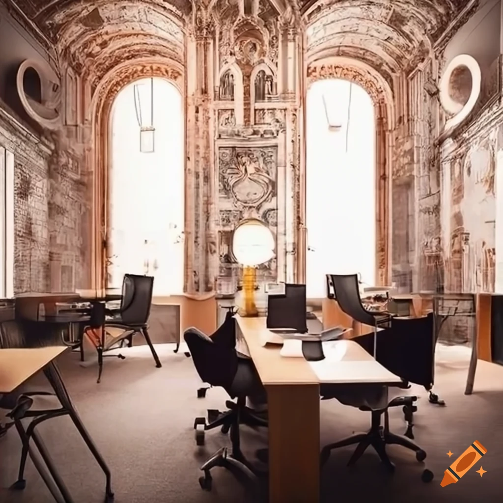 Modern coworking space with Roman-inspired decor on Craiyon