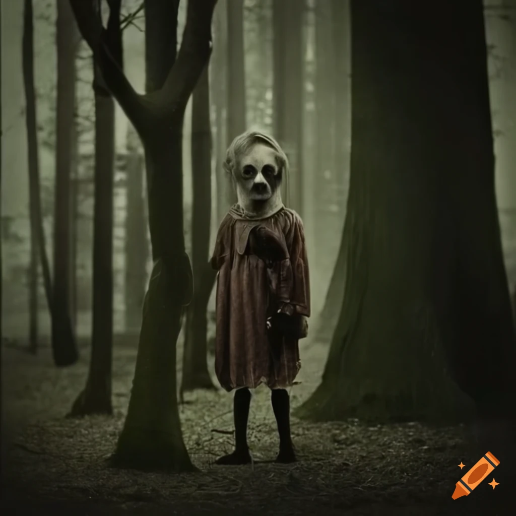 Blindfolded mysterious woman with a smirk in a foggy magical forest on ...