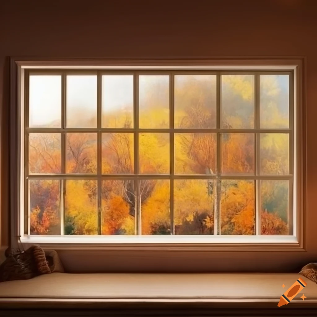 Cozy room with a window overlooking an autumn landscape on Craiyon