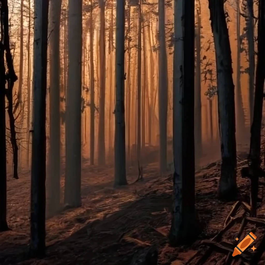 Burned forest with glowing embers